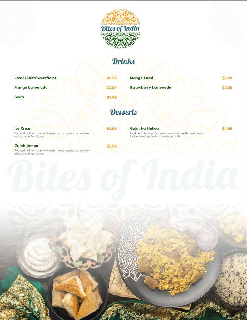 Menu at Bites of India restaurant, Pittsburg