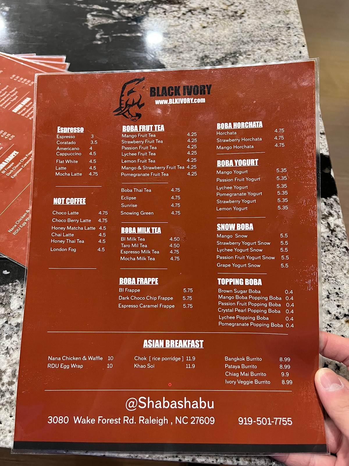 Menu at Black Ivory Cafe, Raleigh