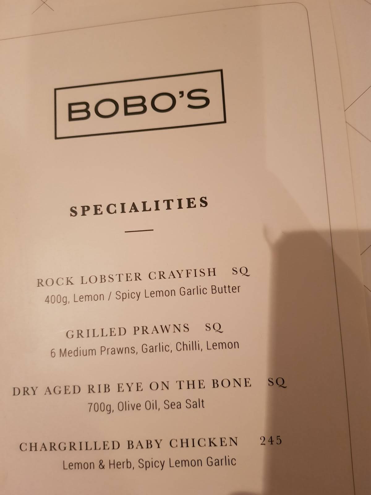 Menu at Bobo's restaurant, Cape Town