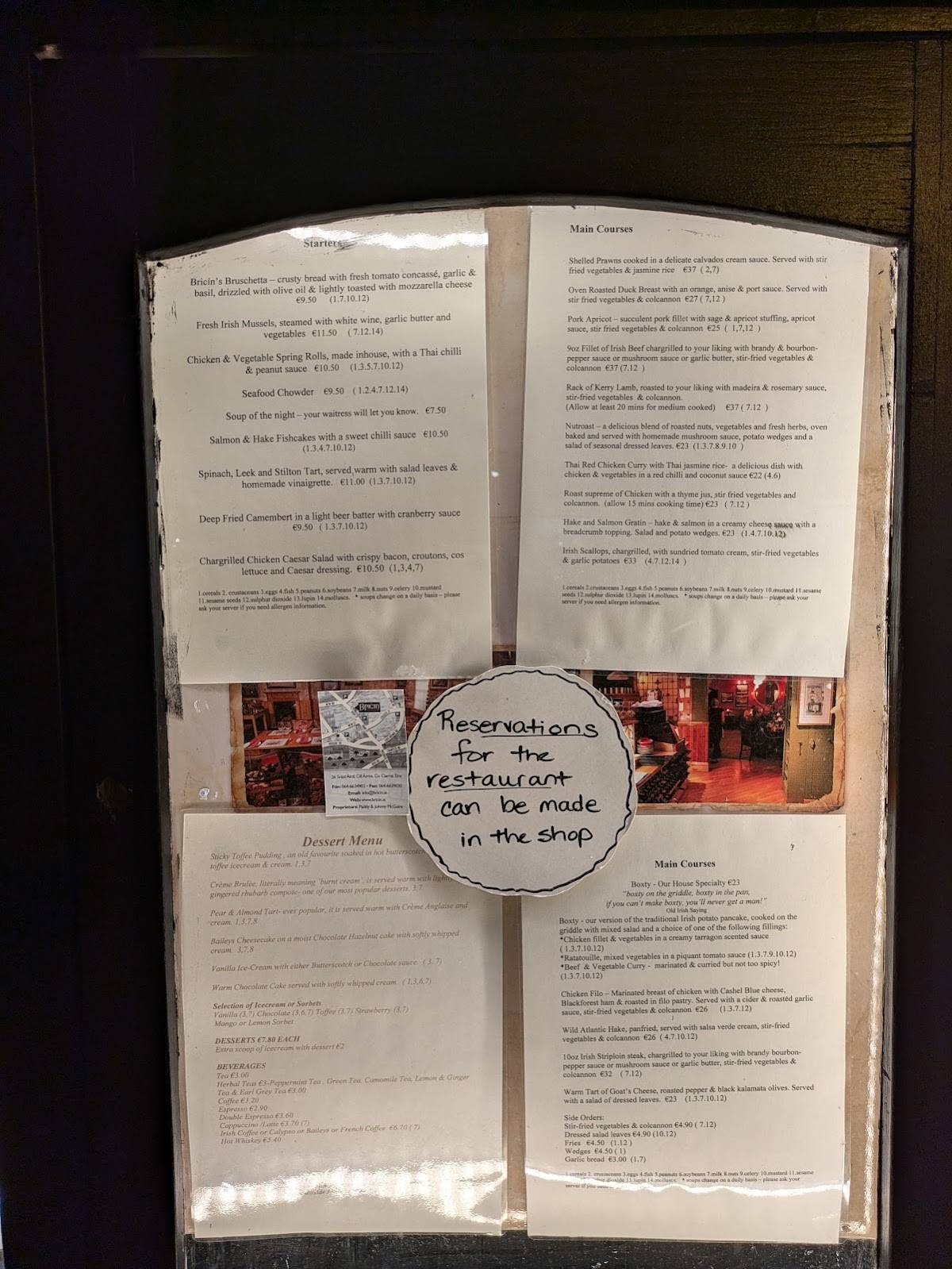 Menu at Bricín Restaurant and Boxty House, Killarney