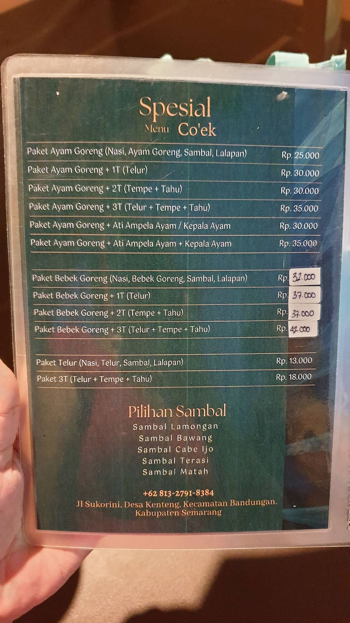 Menu at Bukit Alam restaurant, Bandungan