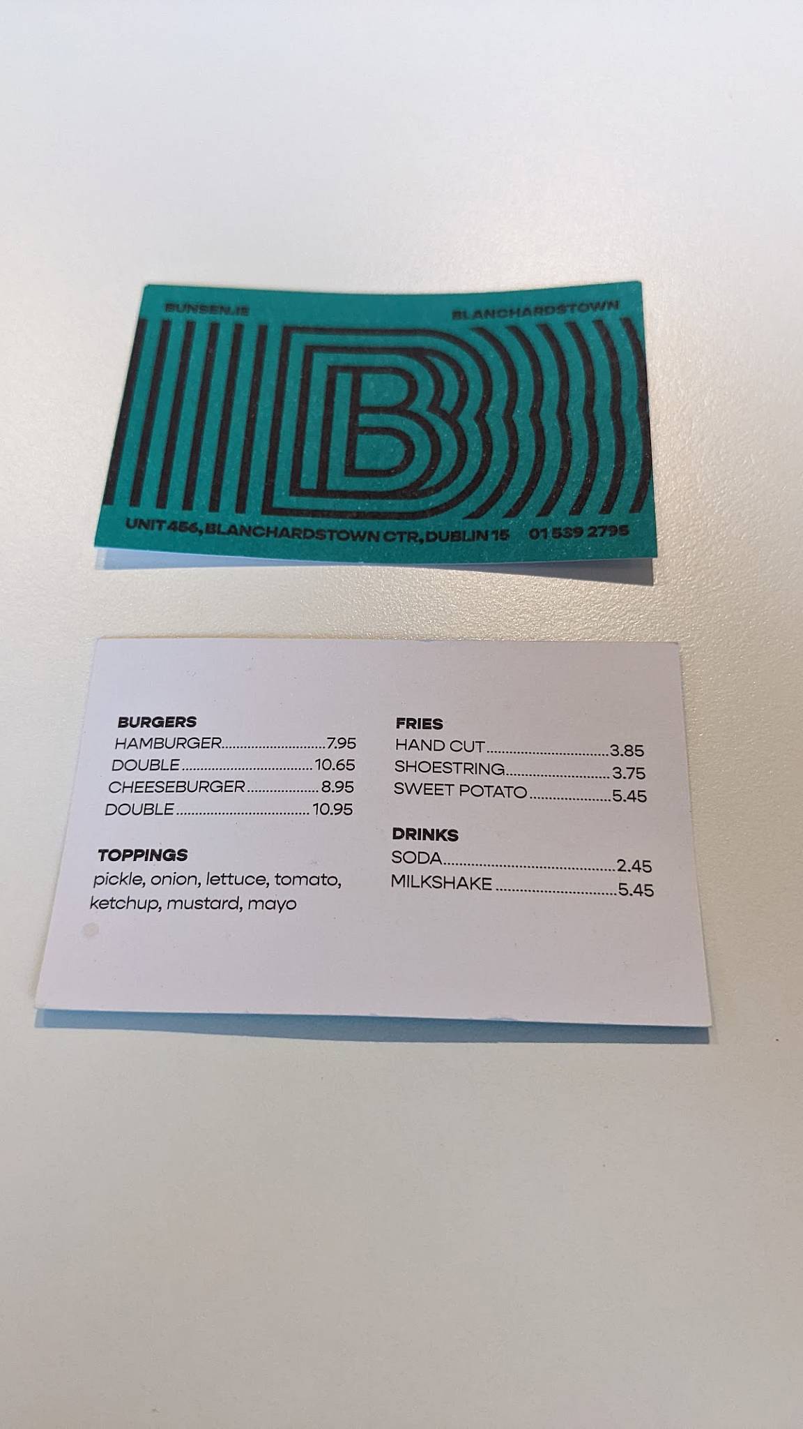 Menu at Bunsen Blanchardstown restaurant, Dublin