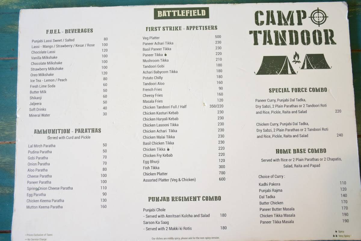 Menu at CAMP TANDOOR, Bengaluru