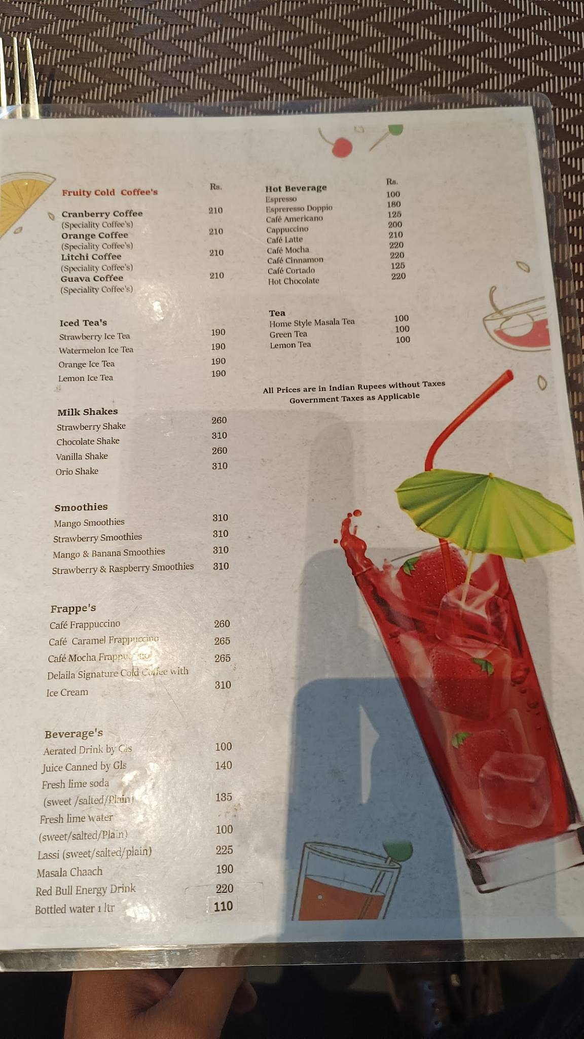 Menu at Café De Leila, Lucknow