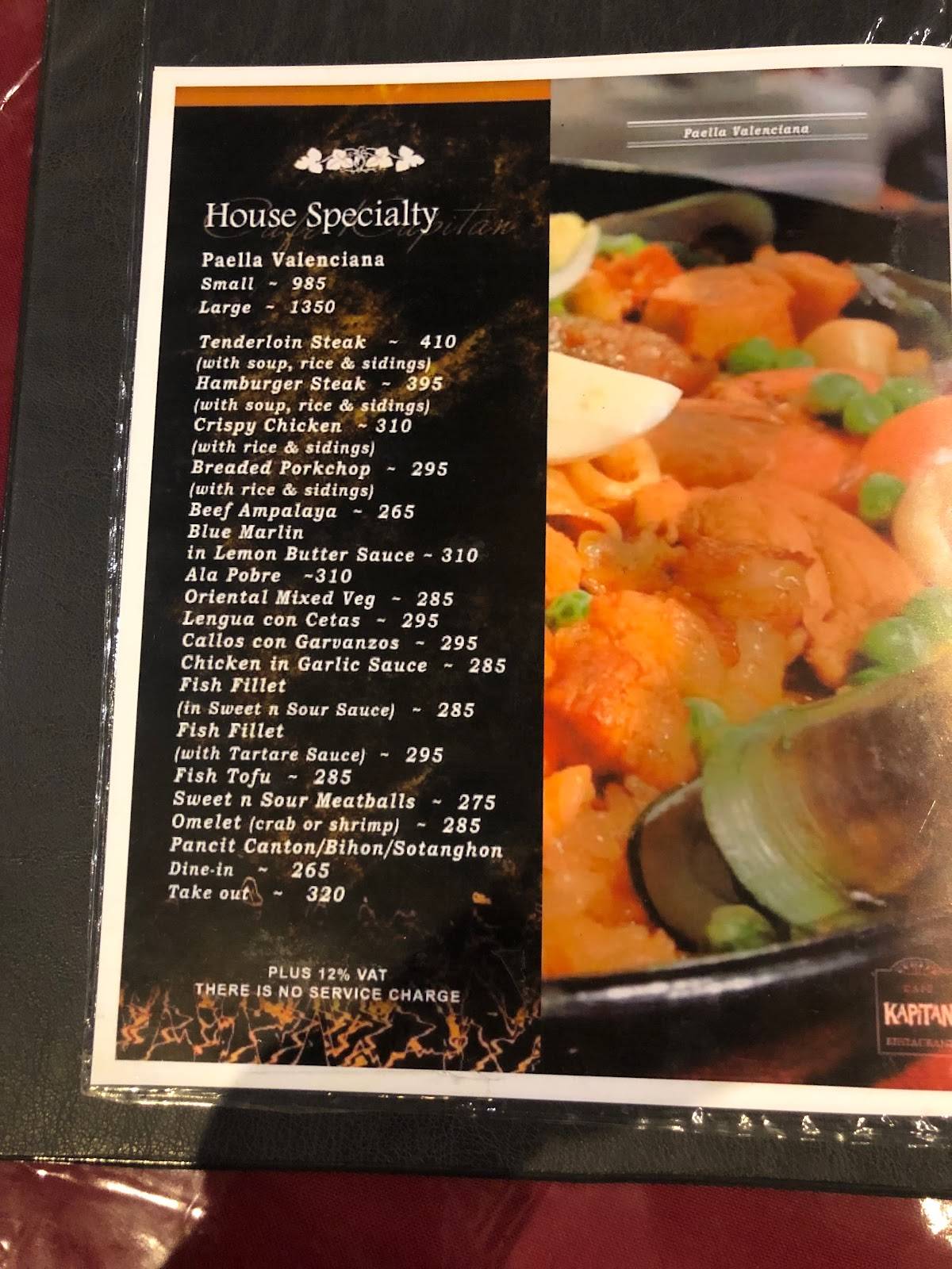 Menu at Cafe Kapitan Restaurant, Marikina, 323 J. P. Rizal St