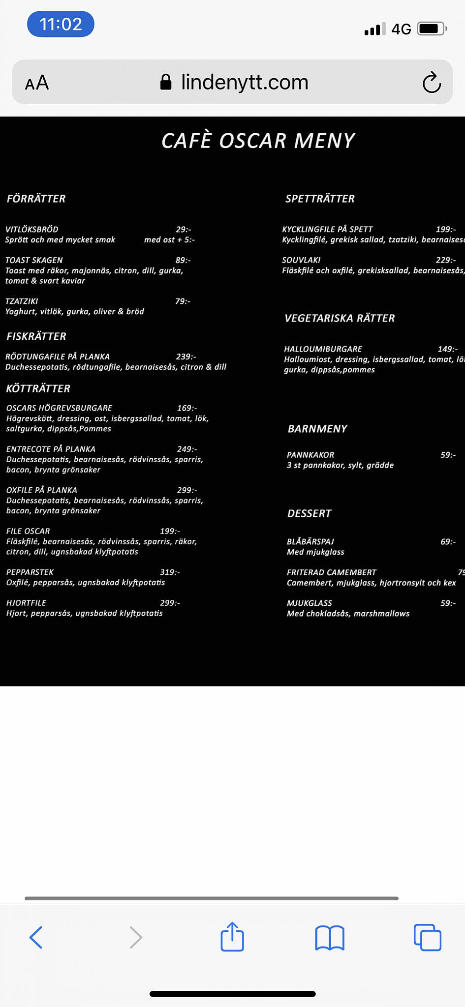 Menu at Cafe Oscar, Lindesberg