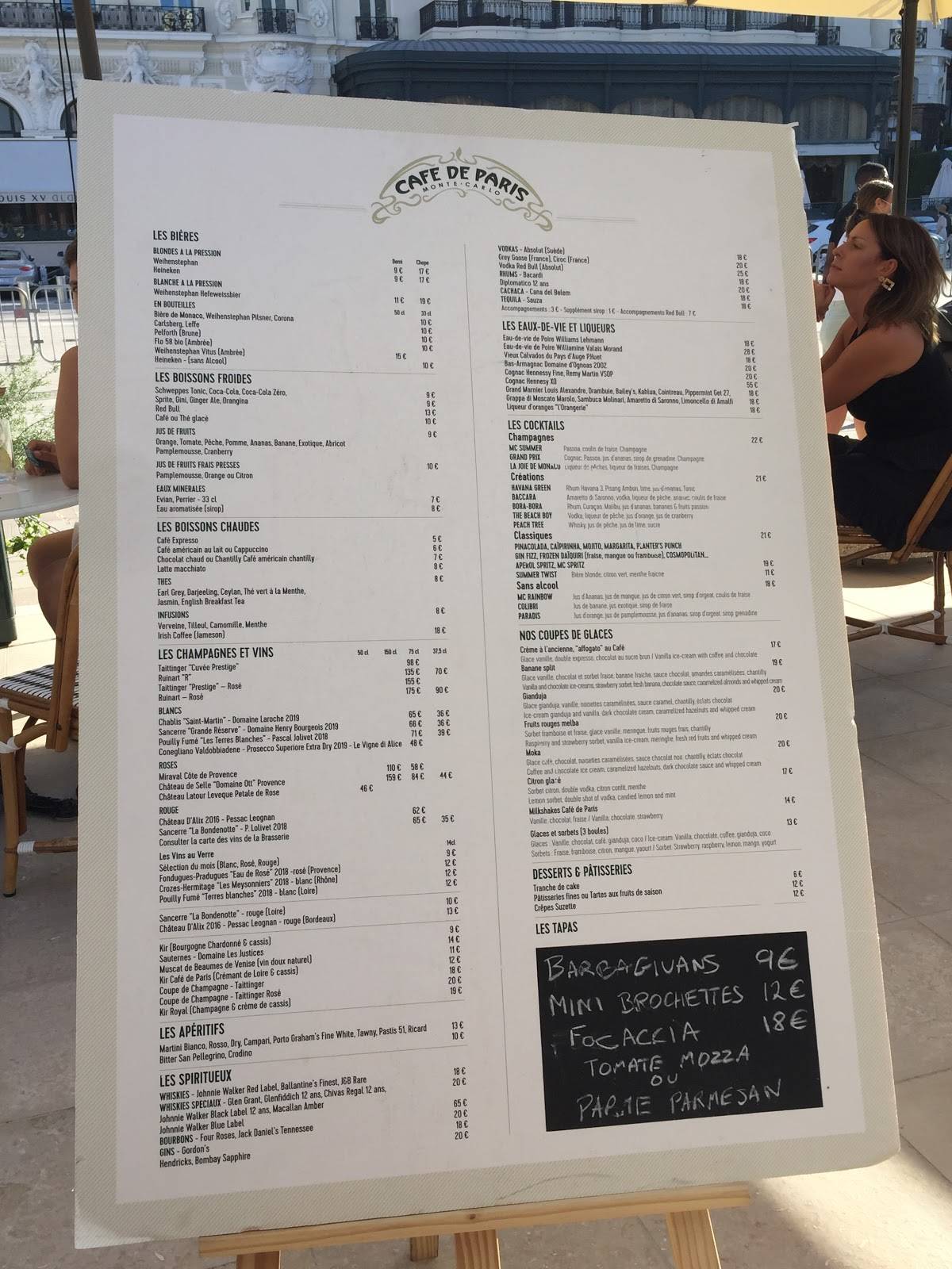 Menu au Café de Paris Monte-Carlo, Monaco