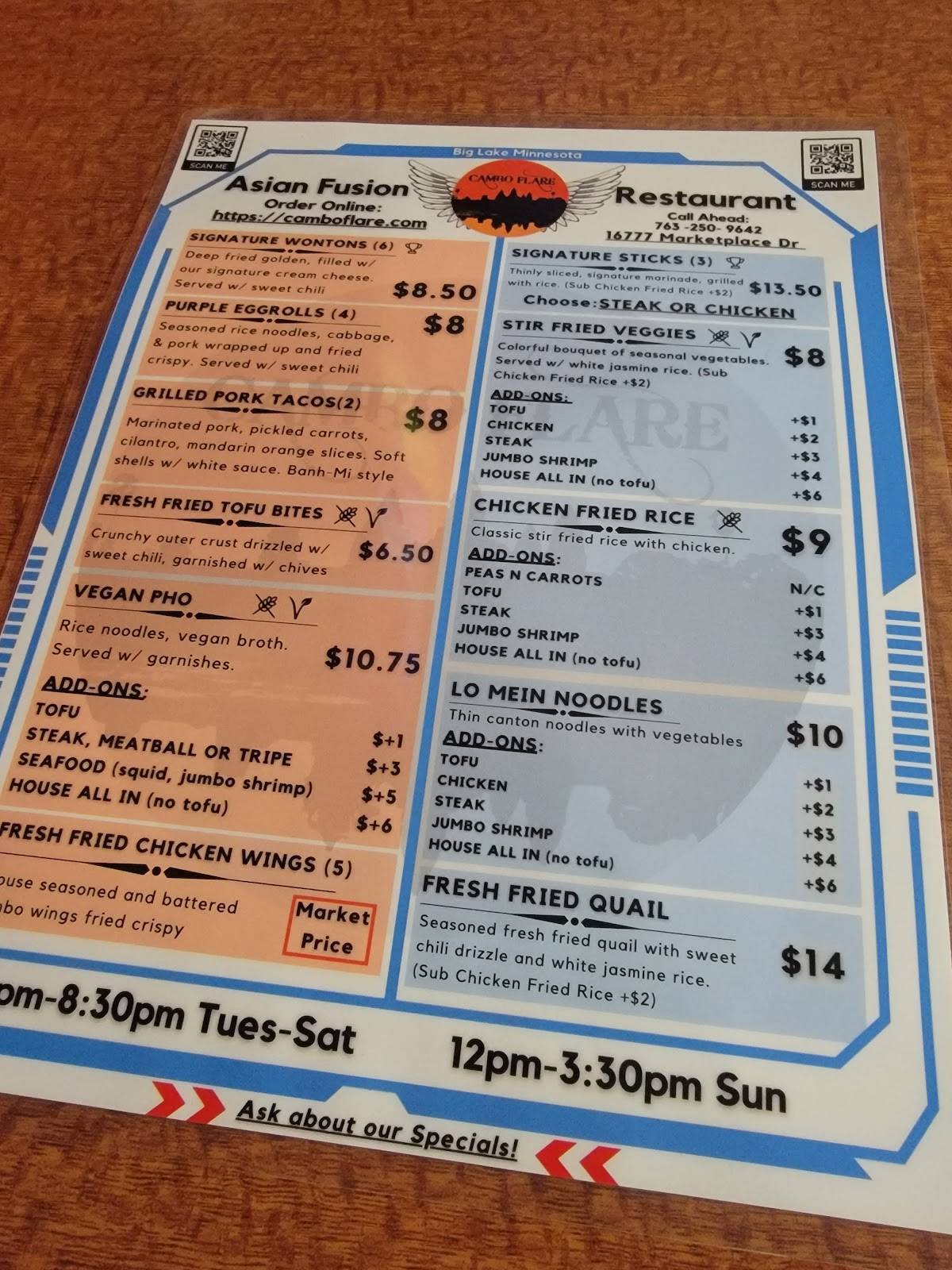 Menu at Cambo Flare restaurant, Big Lake