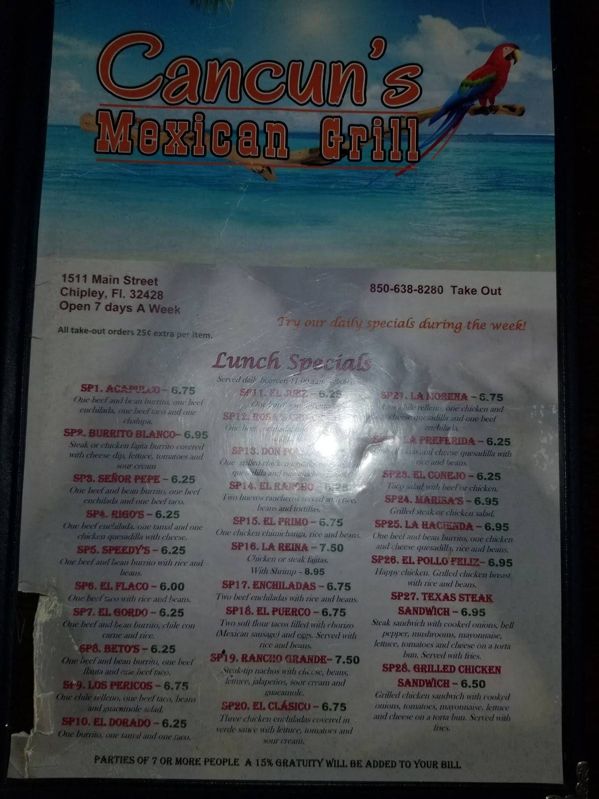 Menu at Cancun's Mexican Grill restaurant, Chipley