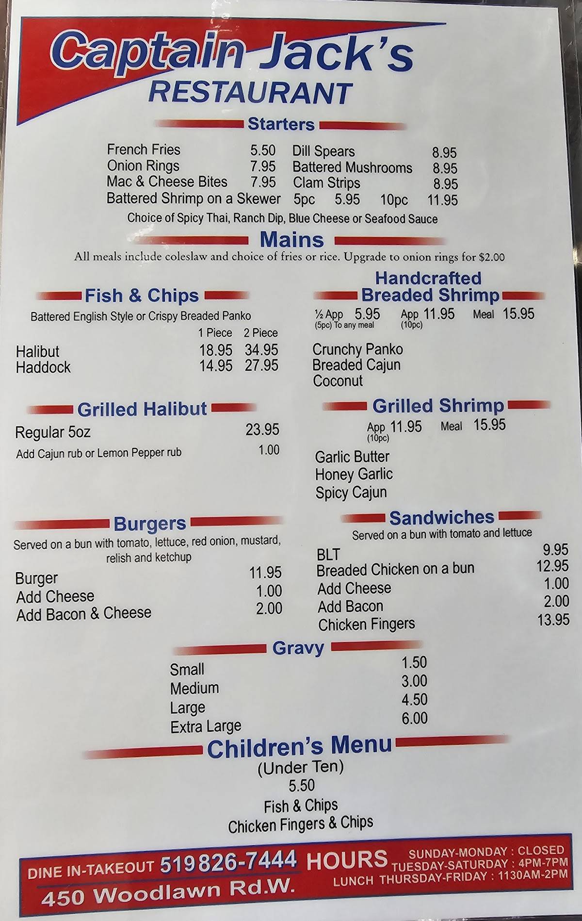Menu at Captain Jack's Restaurant, Guelph