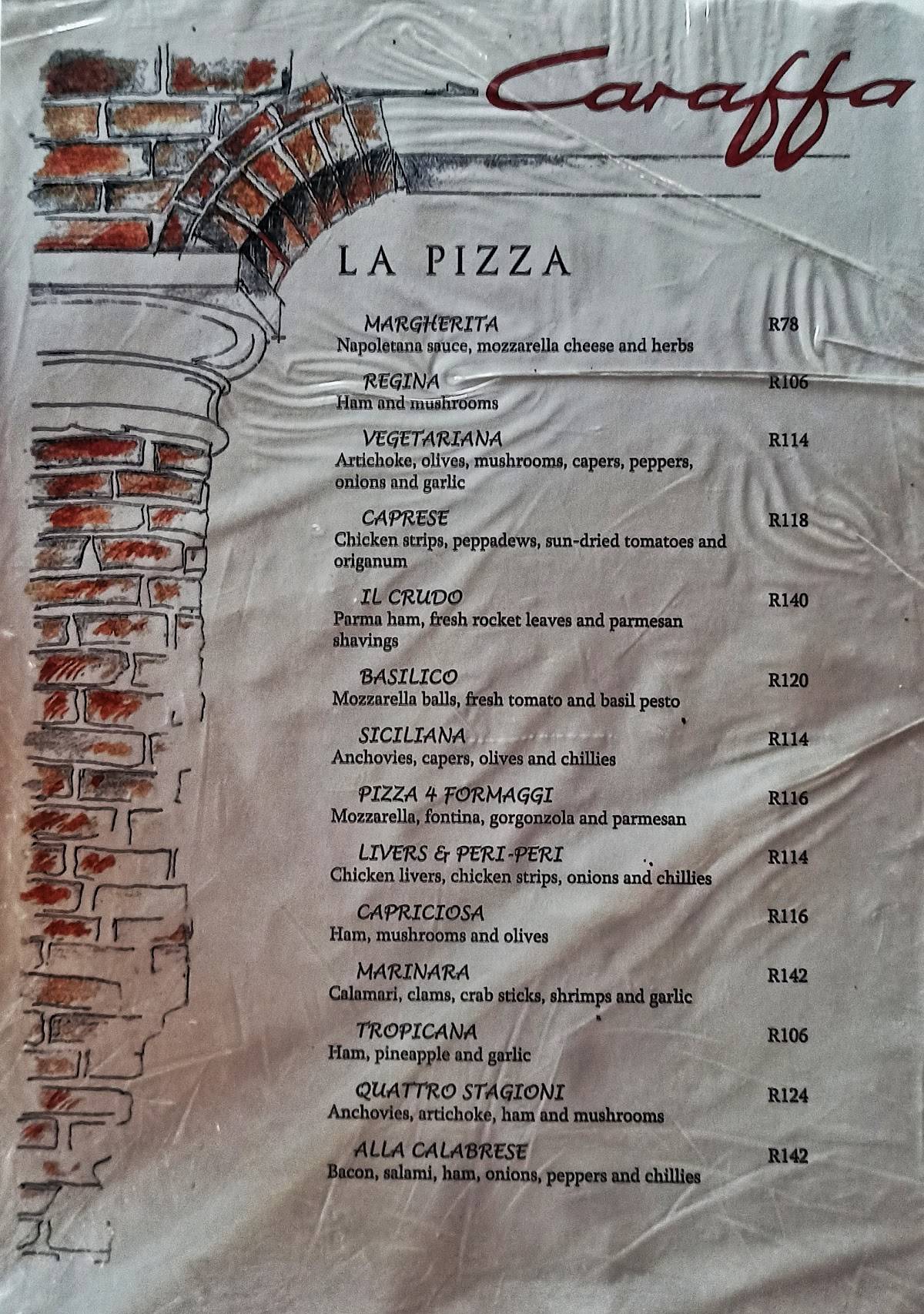 Menu at Caraffa Restaurant, Pretoria