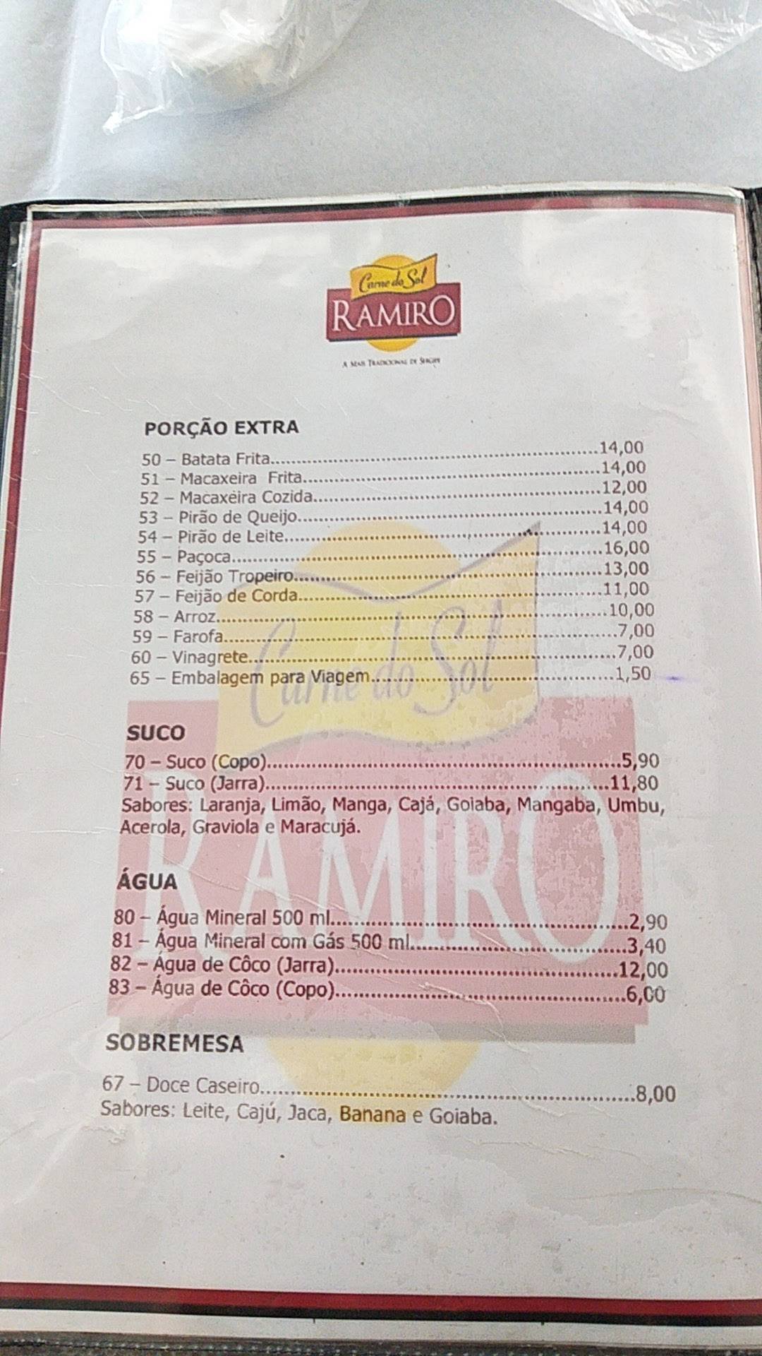 Menu em Carne de Sol do Ramiro restaurante, Aracaju, Av. Beira Mar