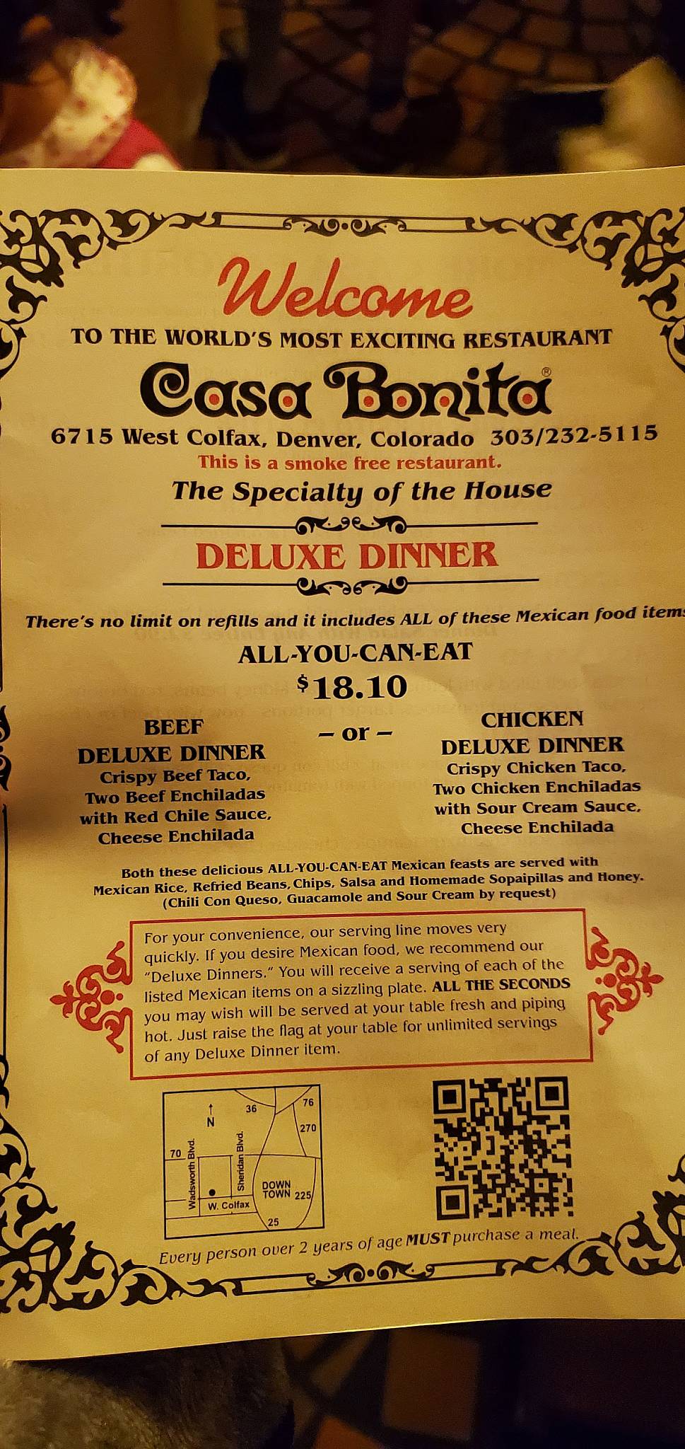 Menu at Casa Bonita restaurant, Lakewood
