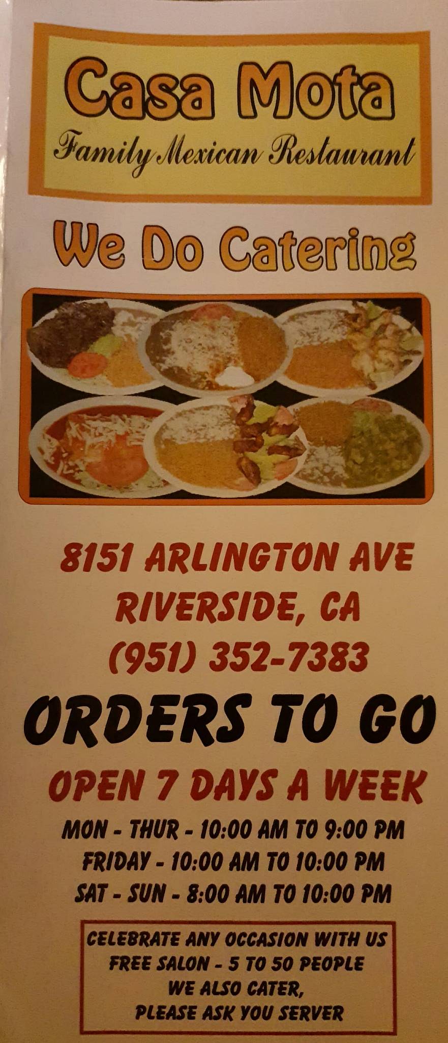 Menu at Casa Mota restaurant, Riverside