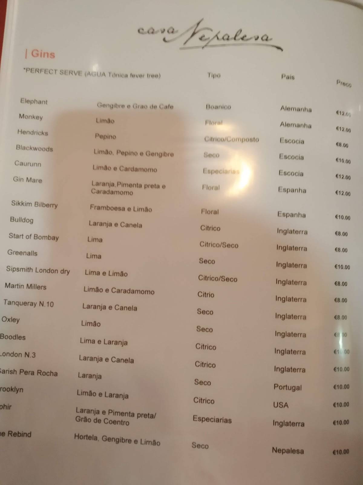 Menu at Casa Nepalesa restaurant, Lisbon, Av. Elias Garcia 172A