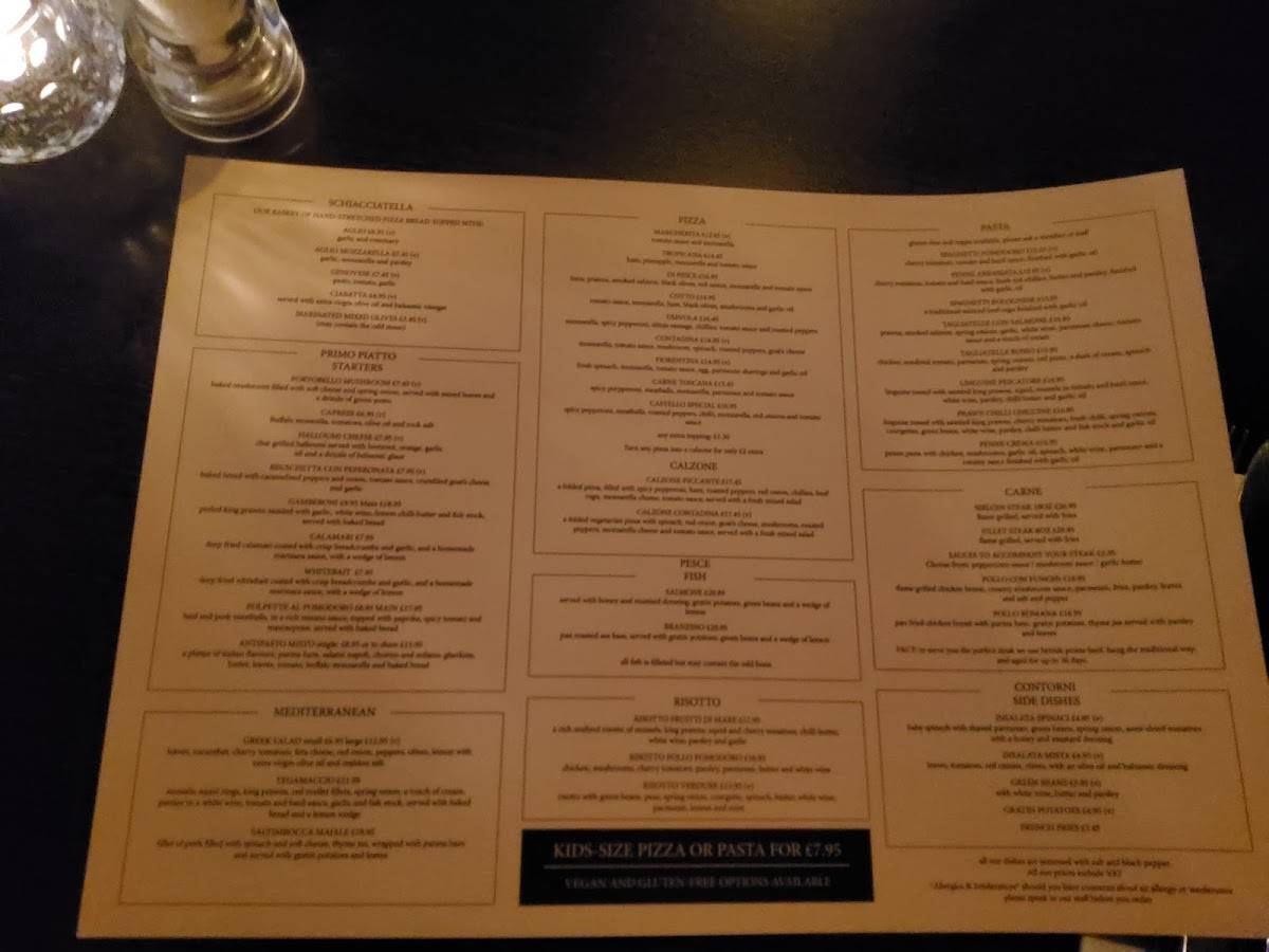 Menu at Castello restaurant, Radstock