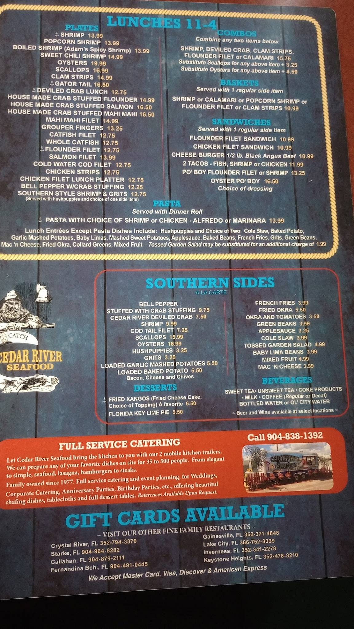 Menu at Cedar River Seafood restaurant, Callahan, US-1