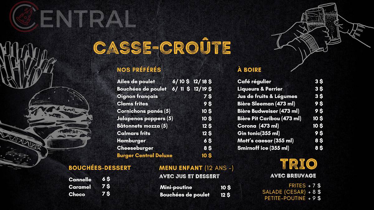 Menu au Restaurant Central, pizzeria & casse-croûte, Carleton-sur-mer