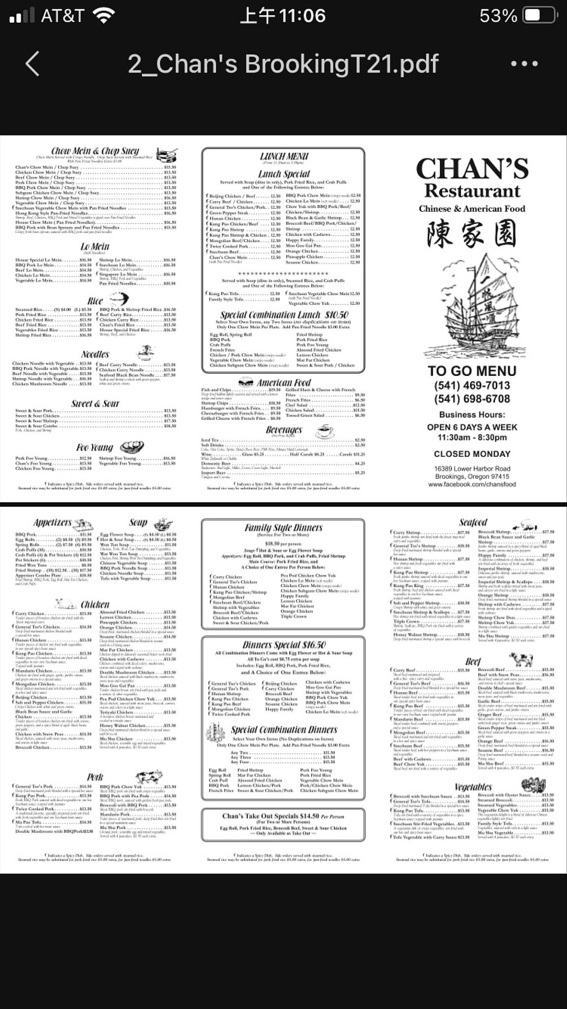 Menu at Chan's Restaurant, Brookings