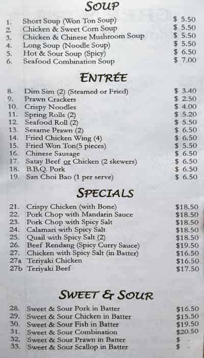 Menu at Chen Yuen restaurant, Ashwood
