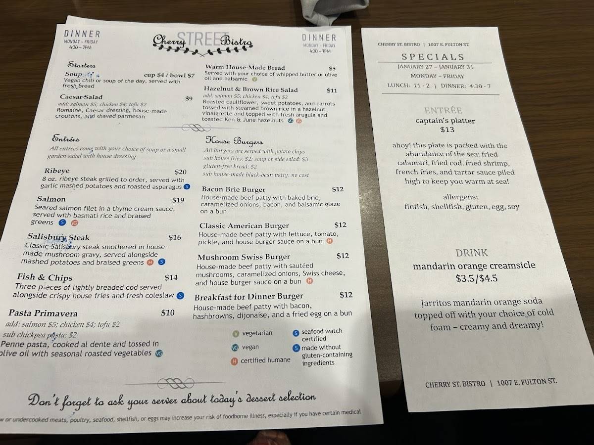 Menu at Cherry Street Bistro restaurant, Newberg