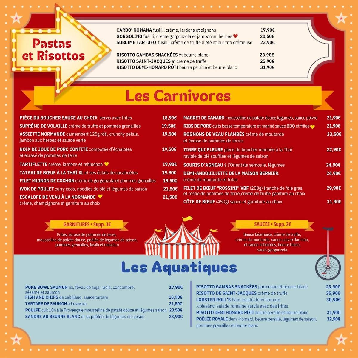 Menu au Circus restaurant, Sainte-Luce-sur-Loire