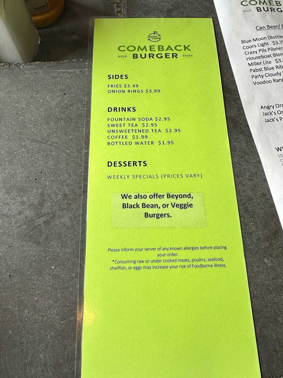 Menu at Comeback Burger restaurant, Petersburg