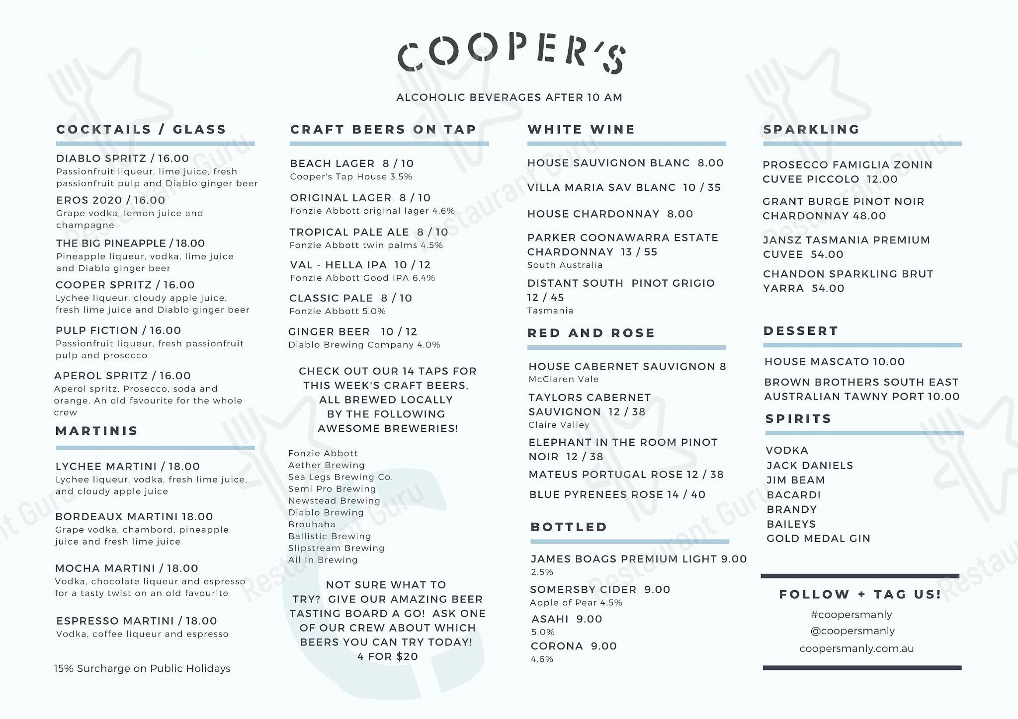 Menu at Cooper's Speciality Coffee and Tap House restaurant, Manly