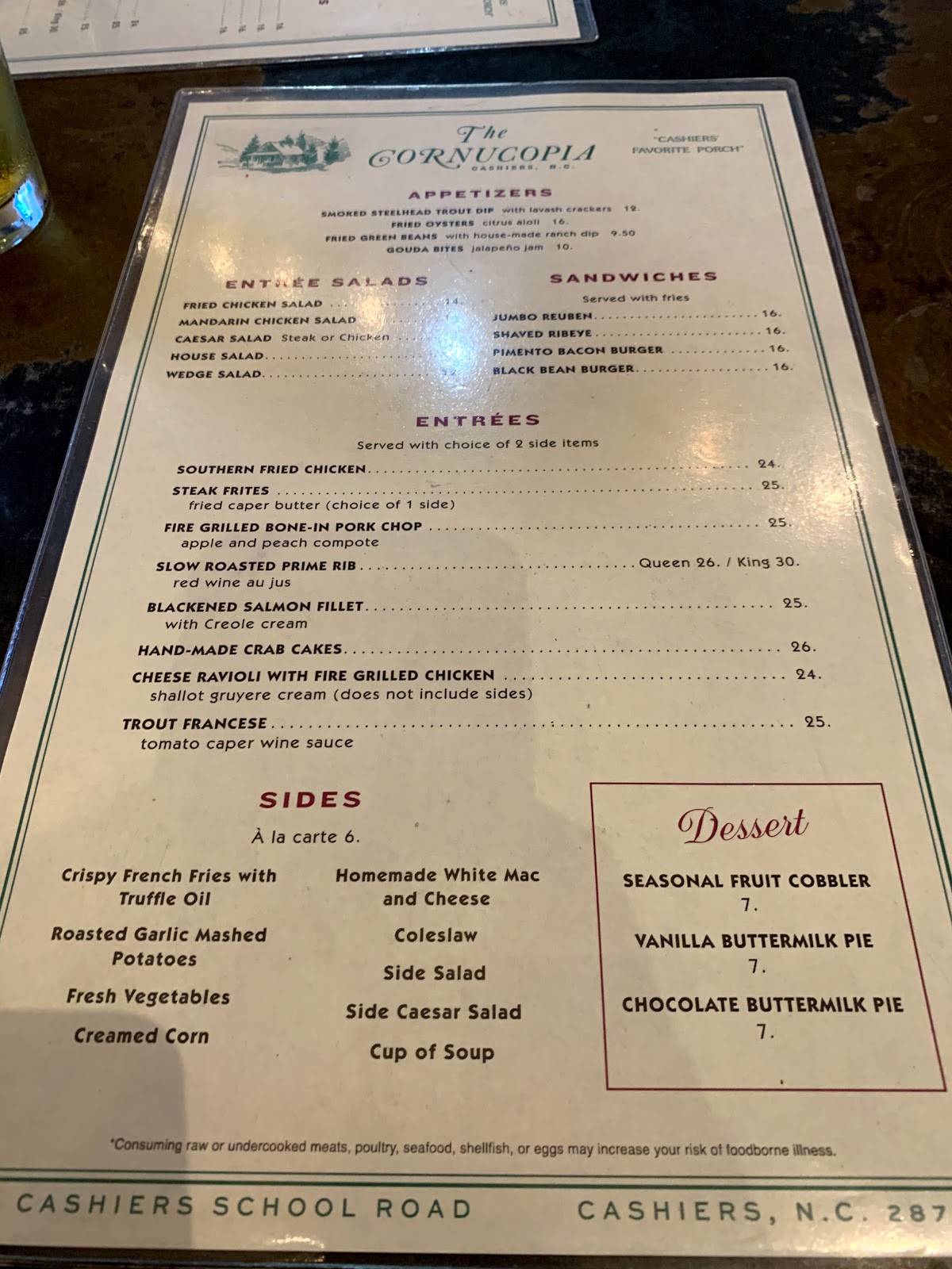 Menu at Cornucopia Restaurant, Cashiers