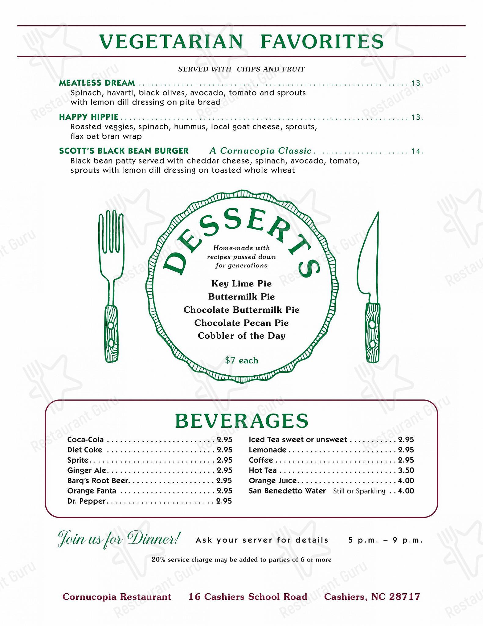 Menu at Cornucopia Restaurant, Cashiers