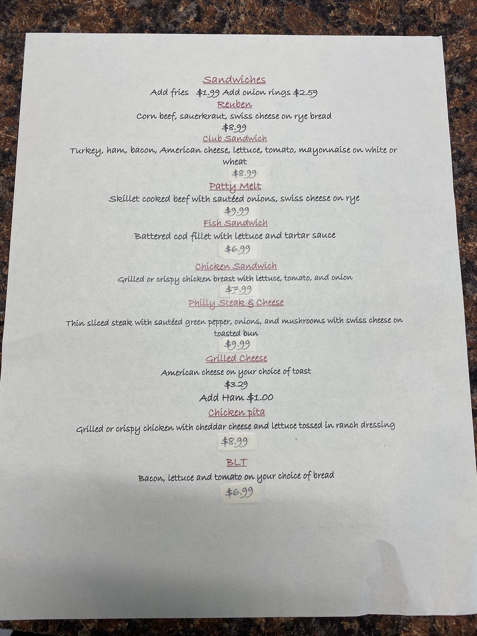 Menu at Country Red Hen restaurant, Peck