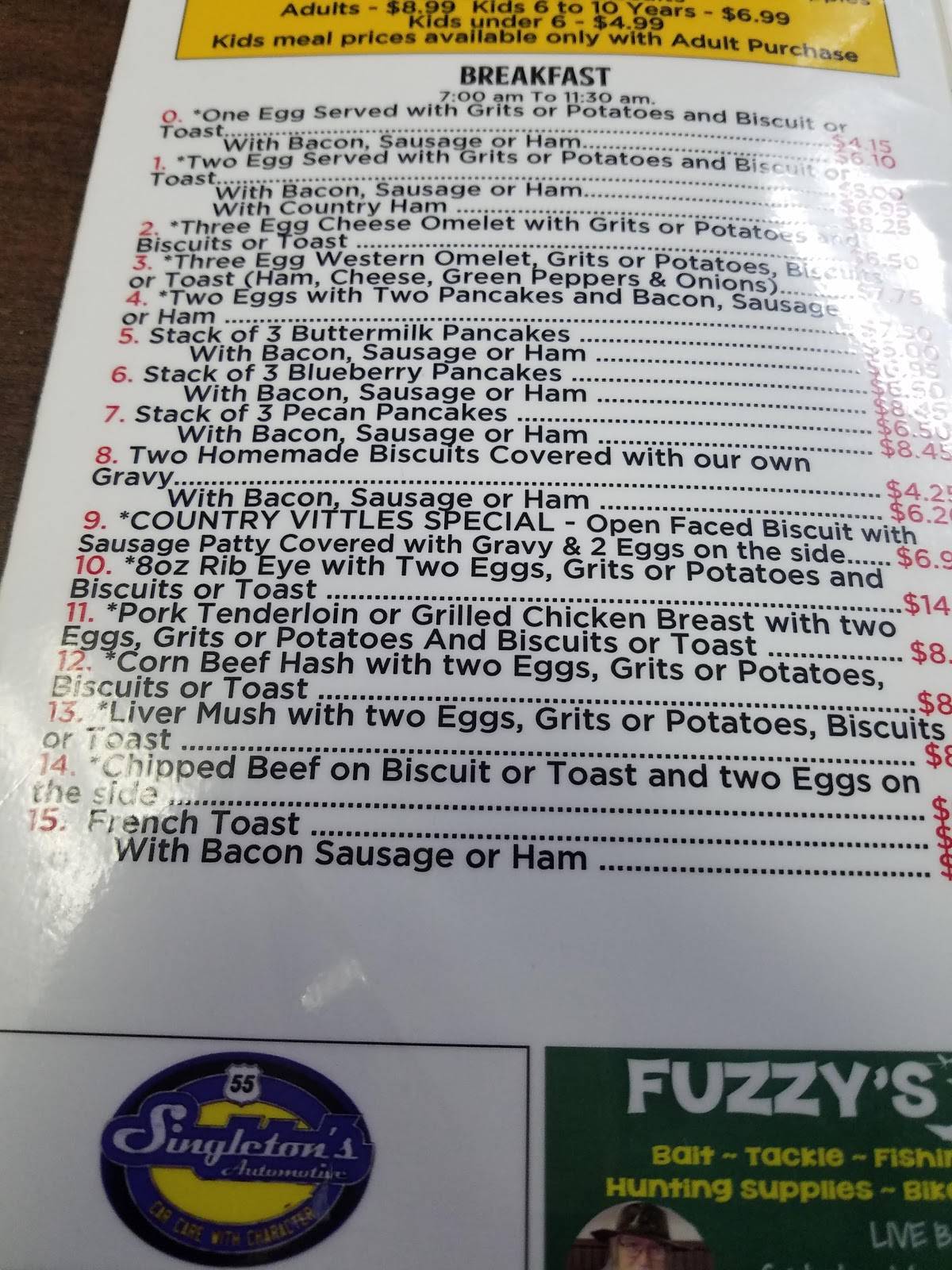 Menu at Country Vittles Family Style Restaurant, Maggie Valley
