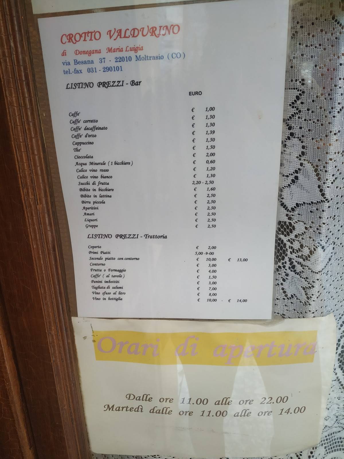 Menu at Crotto Valdurino restaurant, Moltrasio