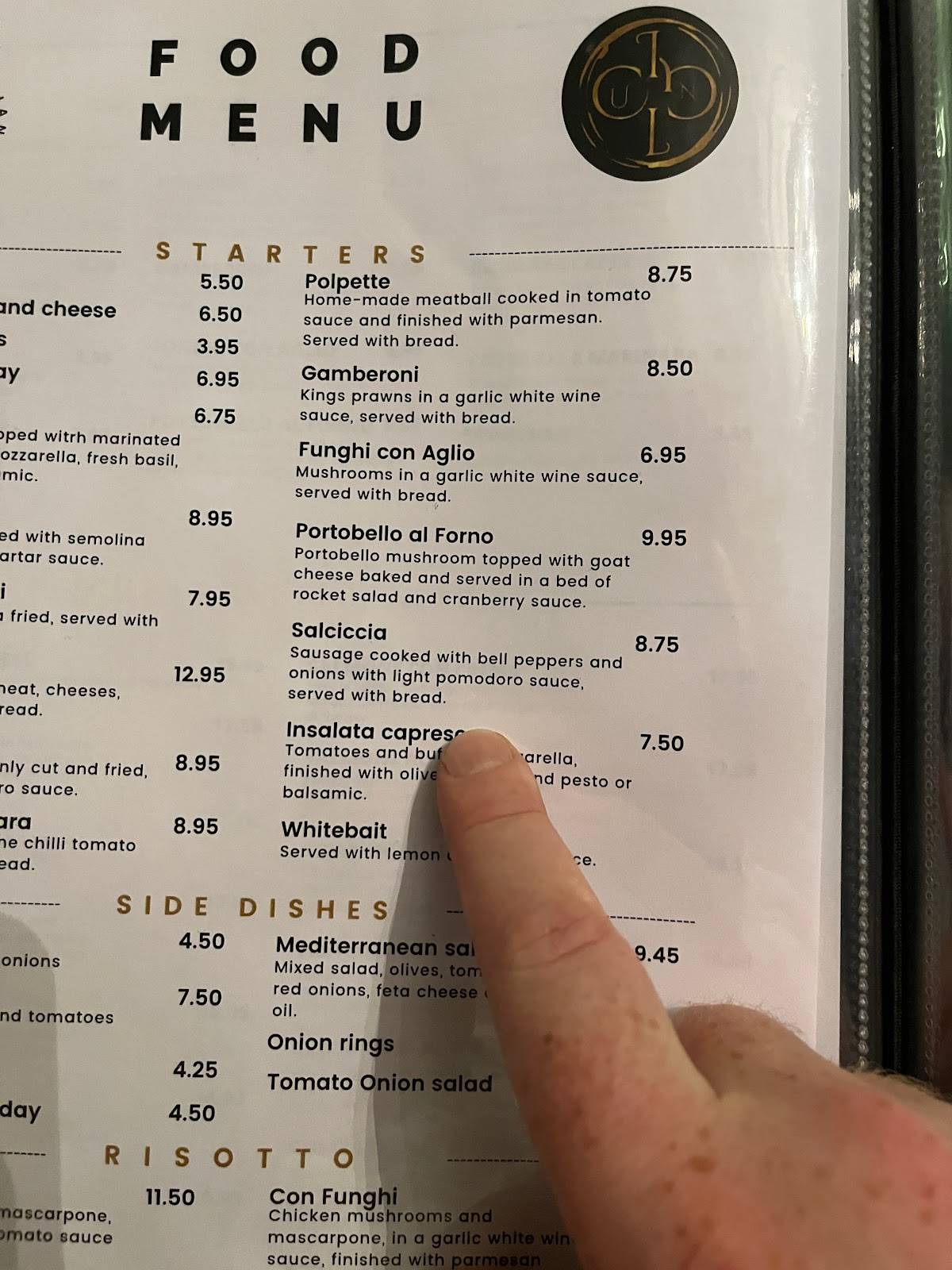 Menu at Cugini’s Italiano restaurant, London
