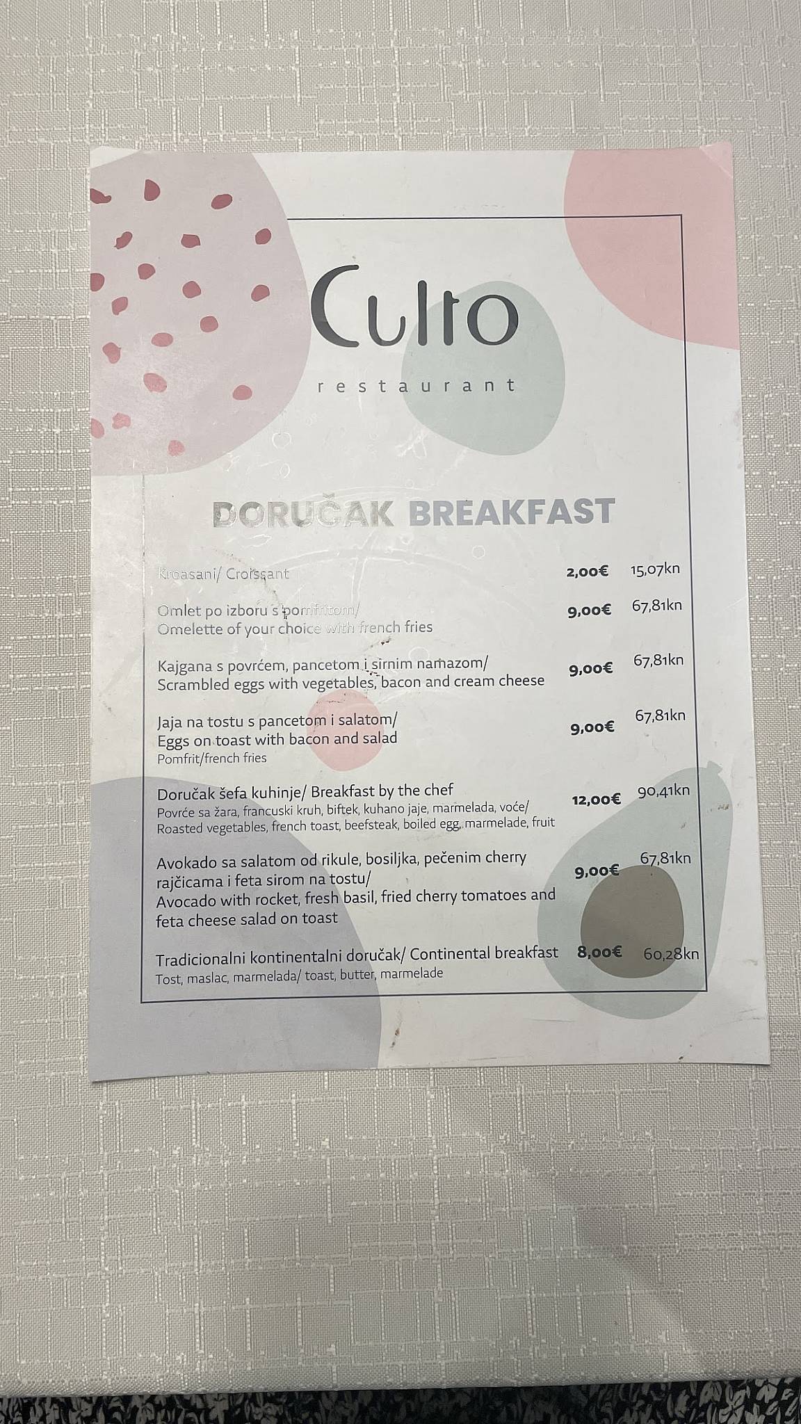 Menu au Culto Restaurant, Dubrovnik