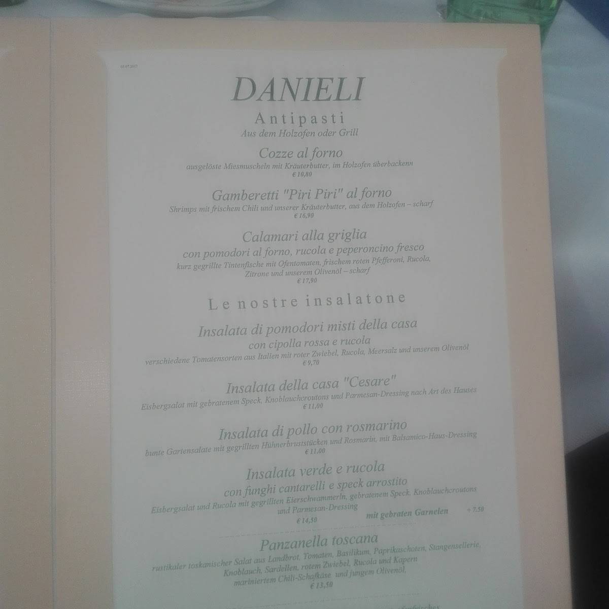 Menu au Restaurant Danieli, Vienne