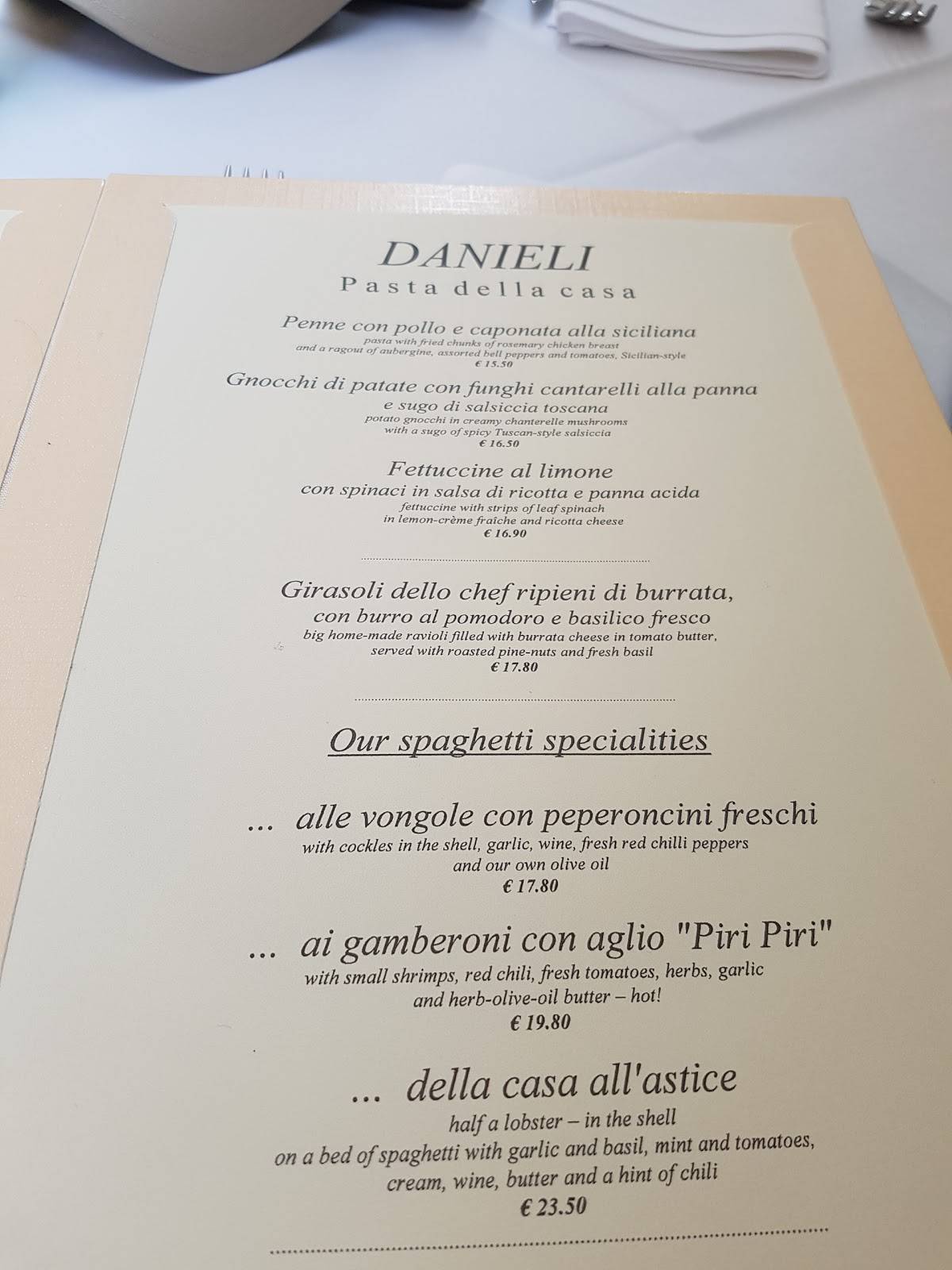 Speisekarte von Restaurant Danieli, Wien