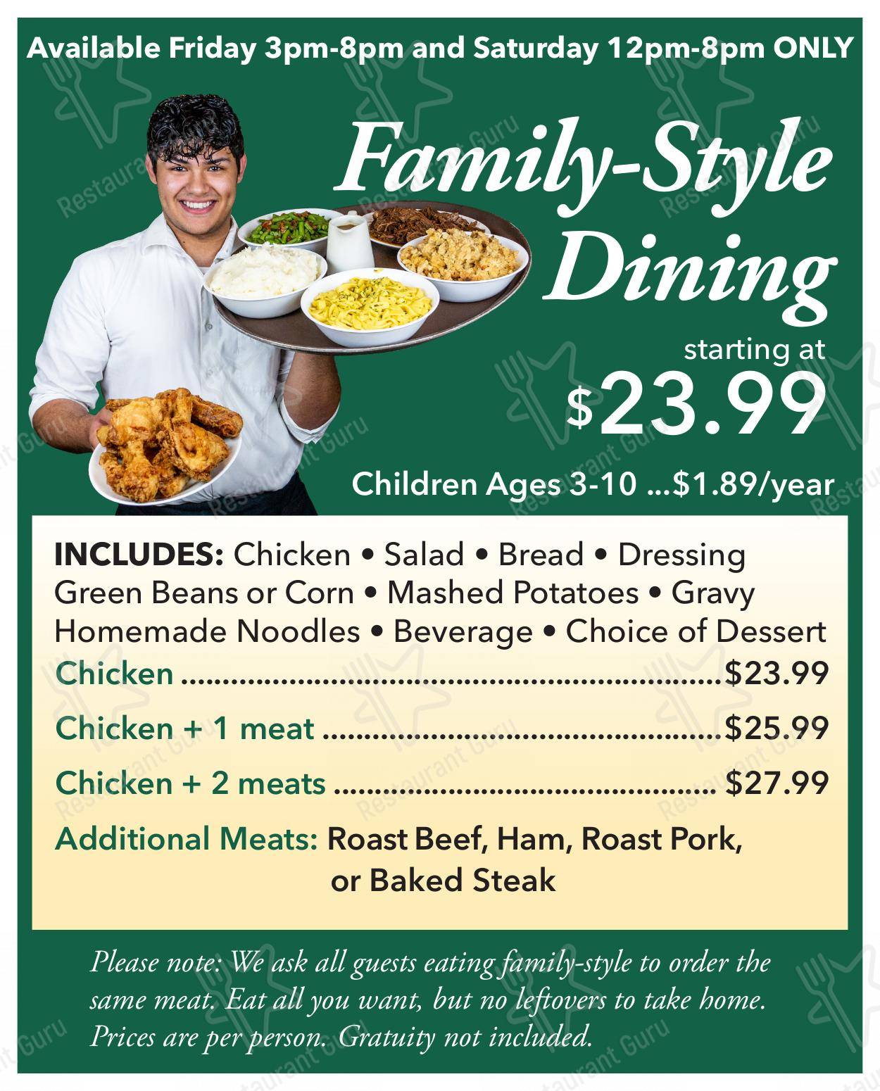 Menu at Das Dutchman Essenhaus restaurant, Middlebury, 240 US-20