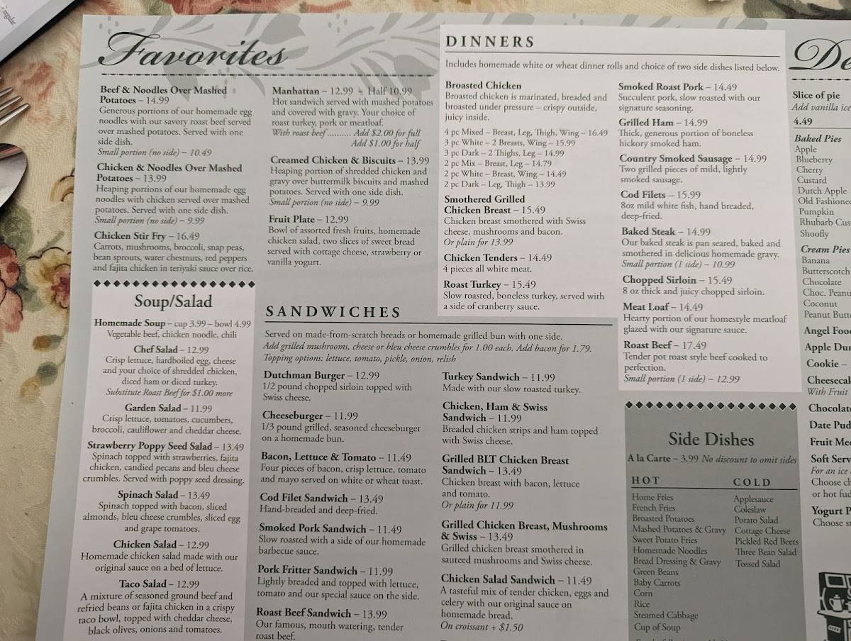 Menu at Das Dutchman Essenhaus restaurant, Middlebury, 240 US-20