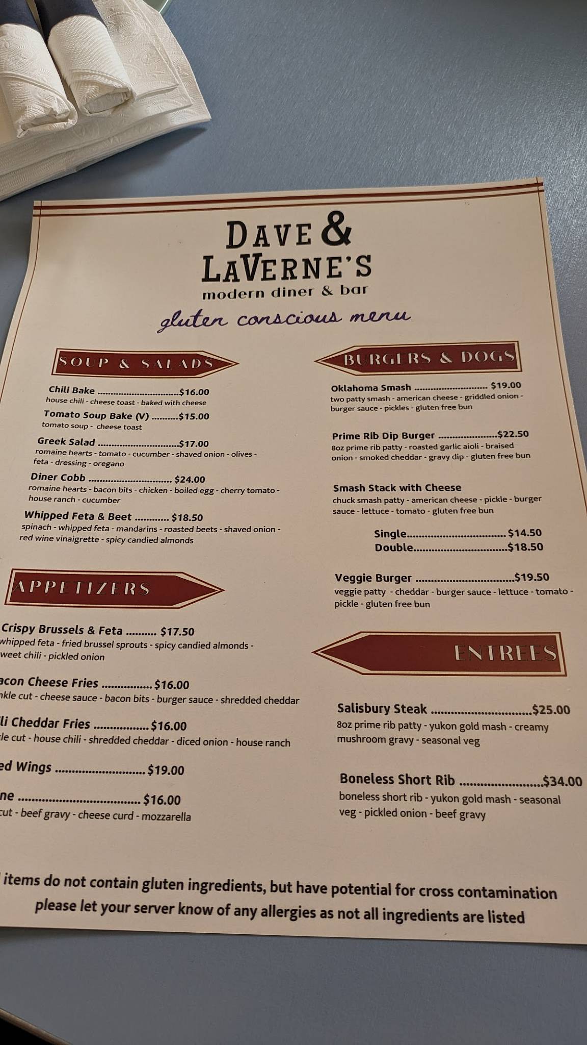 Menu at Dave and LaVerne's Modern Diner restaurant, Winnipeg