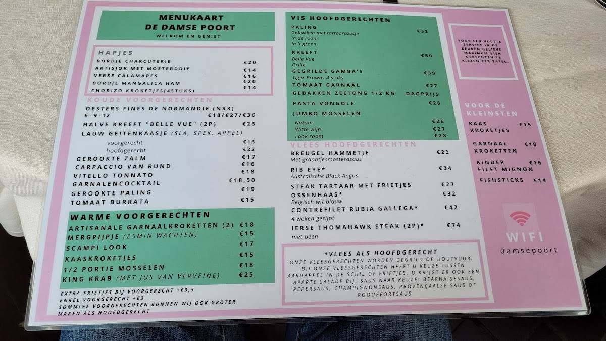 Menu au Restaurant De Damse Poort, Damme