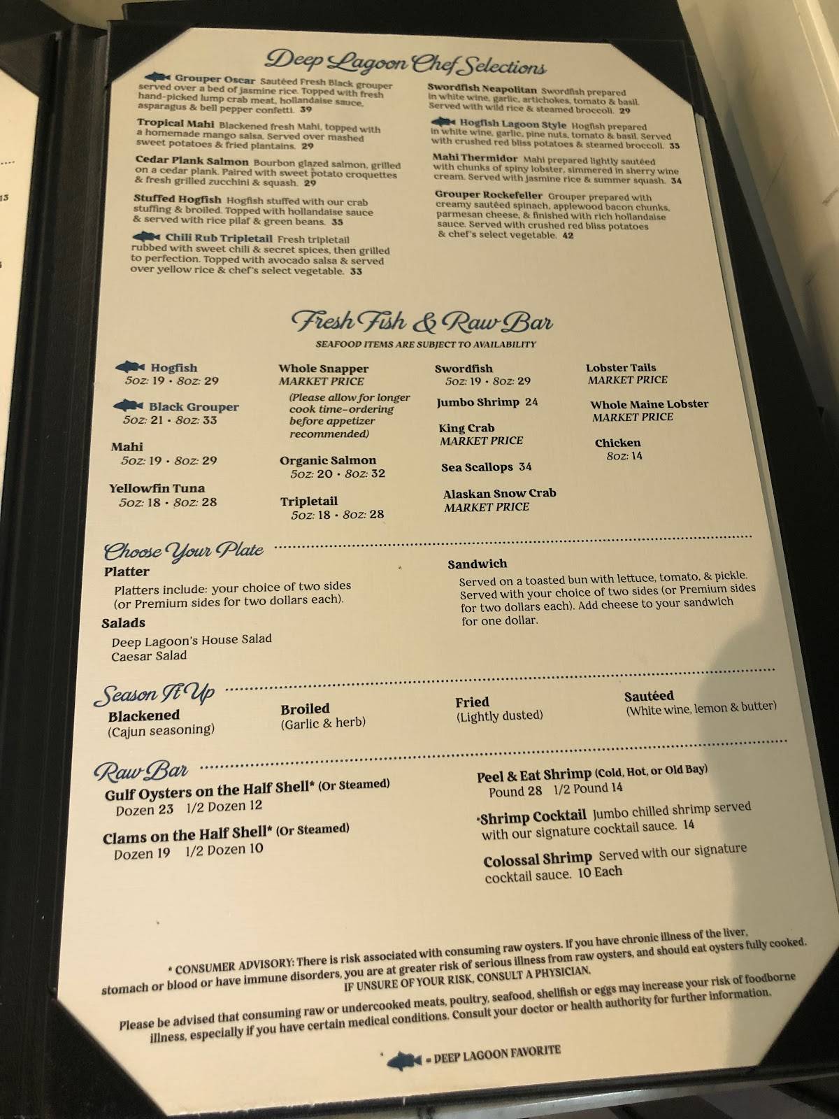 Menu at Deep Lagoon Seafood and Oyster House restaurant, Osprey