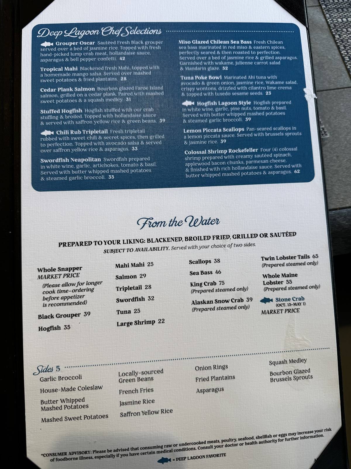 Menu at Deep Lagoon Seafood and Oyster House restaurant, Osprey