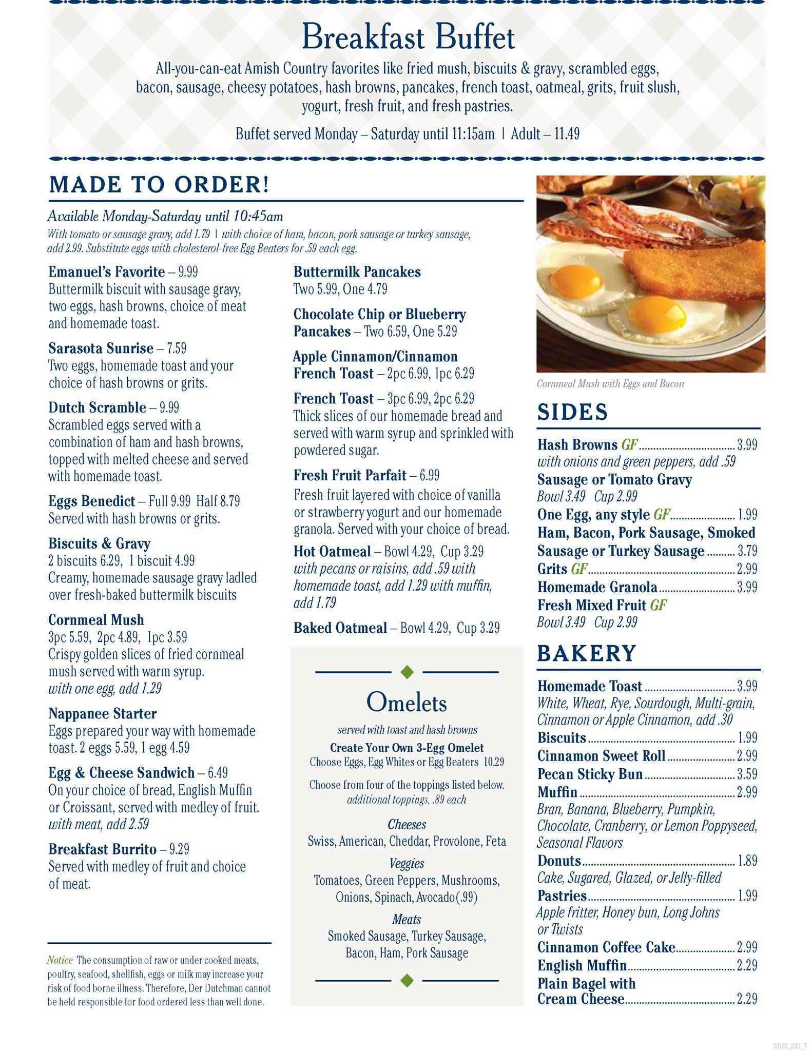 Menu at Der Dutchman restaurant, Sarasota, Bahia Vista St