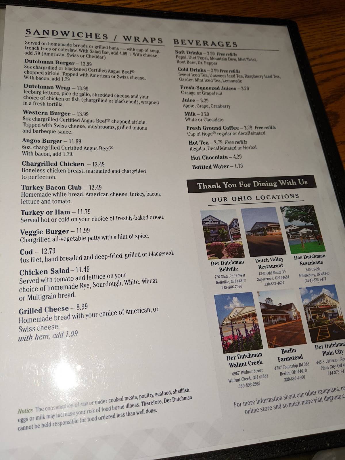 Menu at Der Dutchman restaurant, Sarasota, Bahia Vista St