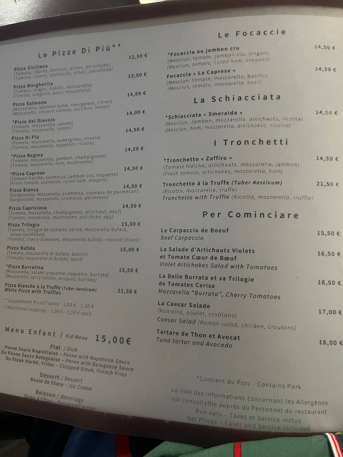 Menu au Di Più restaurant, Nice, 85 Quai des Etats-Unis