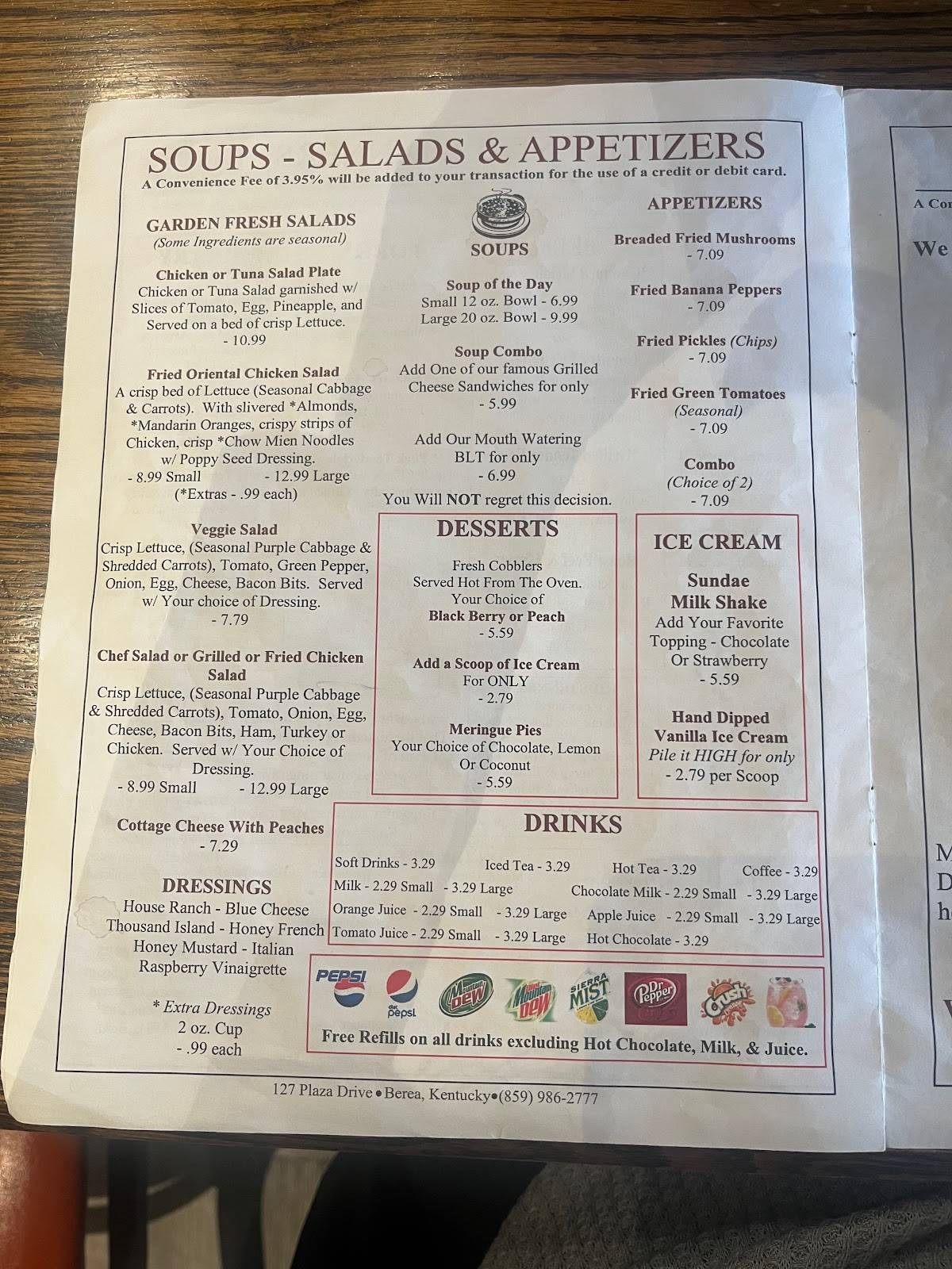 Menu at Dinner Bell Restaurant, Berea