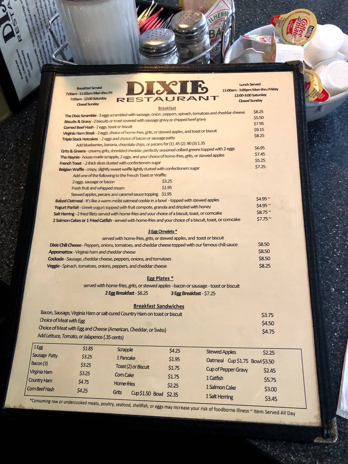 Menu at Dixie Restaurant, Petersburg