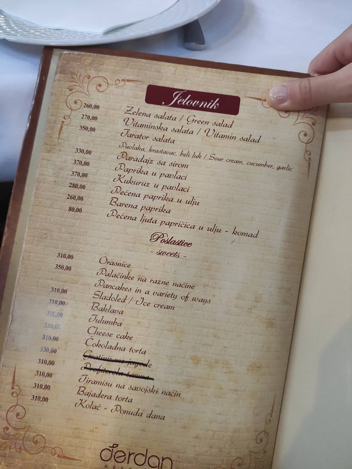 Menu at Restaurant Djerdan, Belgrade
