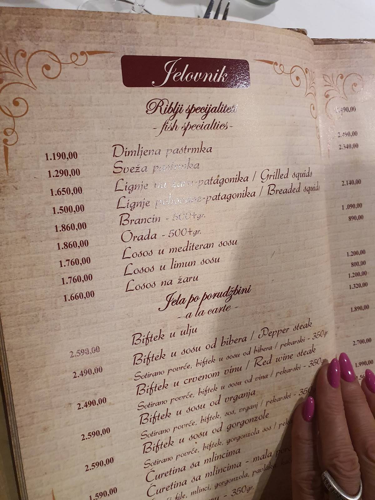 Menu at Restaurant Djerdan, Belgrade